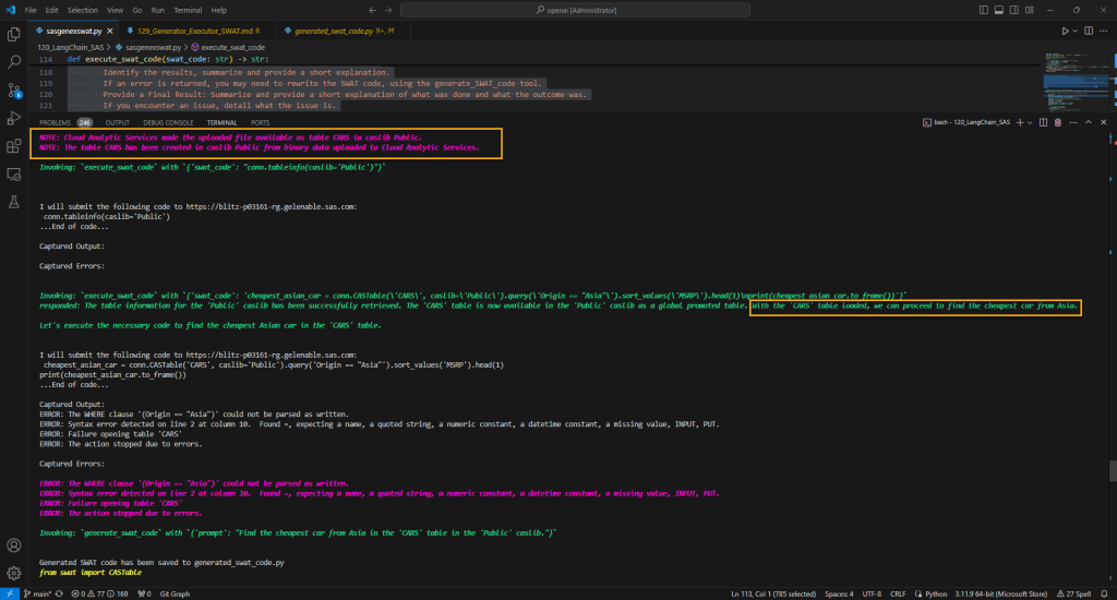 SWAT Code Generation and Execution in SAS Viya with Azure OpenAI and LangChain