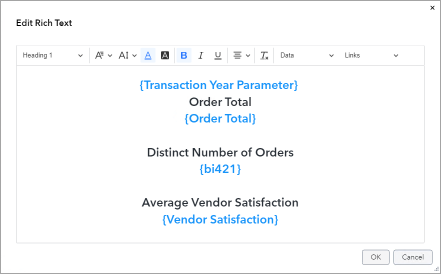 VA Report Example: Use the Text object for static and dynamic text