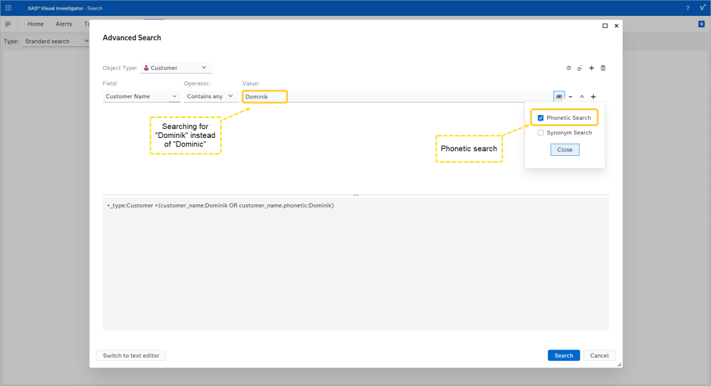 Synonym Search and Phonetic Search in SAS Visual Investigator