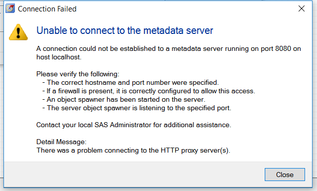 Enable to connect to metadata server - SAS Support Communities