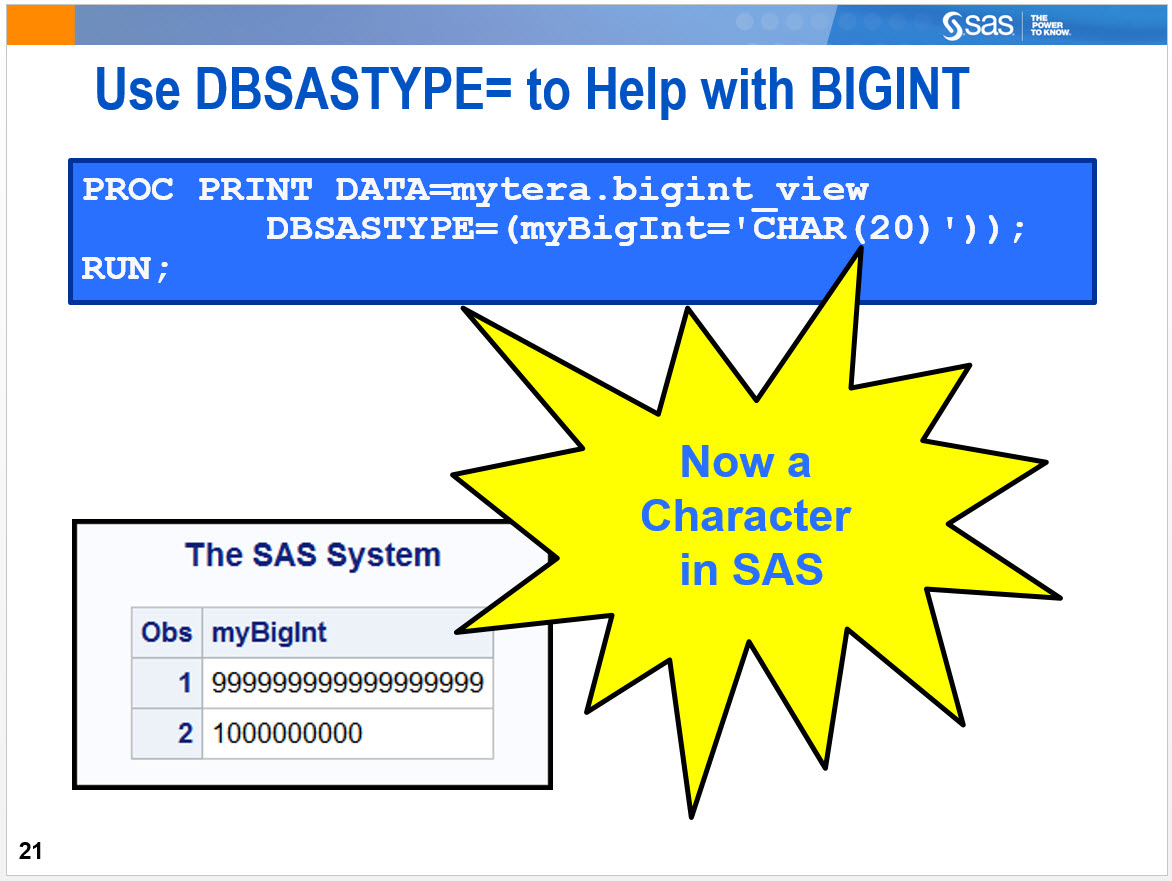 Solved: How do to access a bigint in Teradata from Enterprise Guide? - SAS Support Communities