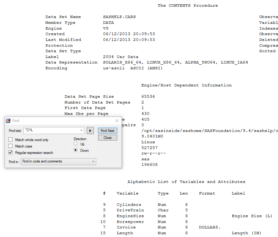 Solved Using Ctrl F And Regular Expressions To Find Variable In Proc Contents Sas Support