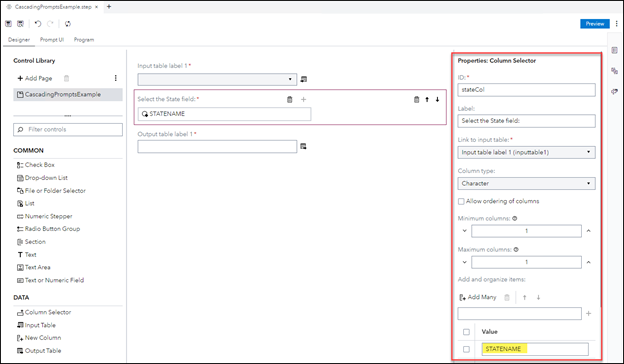 SAS Viya: Using Cascading Prompts in a Custom Step