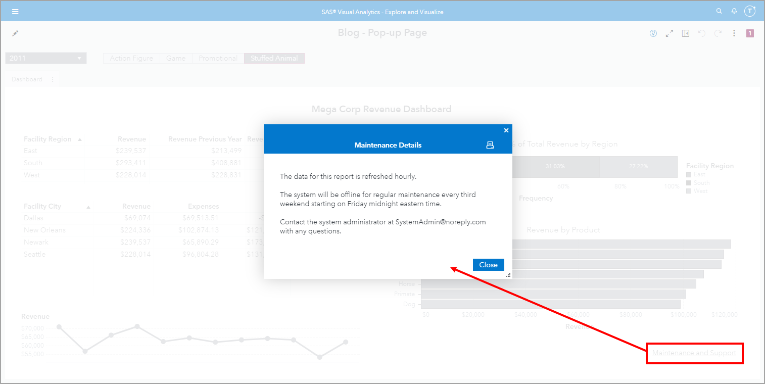 SAS Visual Analytics Pop-up Pages