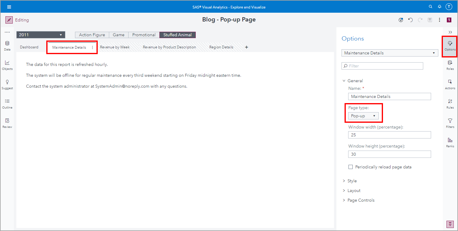 SAS Visual Analytics Pop-up Pages