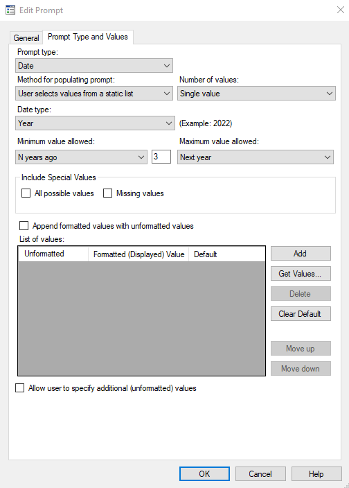 Prompt that dynamically provides a list of years that depends on the c... - SAS Support Communities