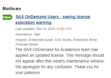 Solved: I got a warning message about my system expiring in SAS Studio - SAS Support Communities