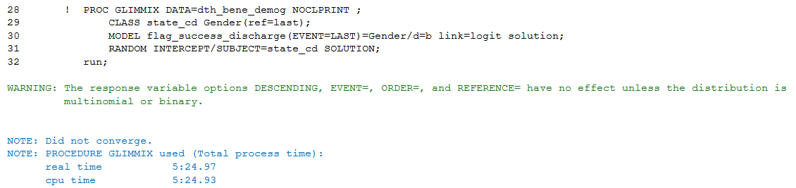 Solved: PROC GLMMIX did not converge even with only one binary covariate - SAS Support Communities