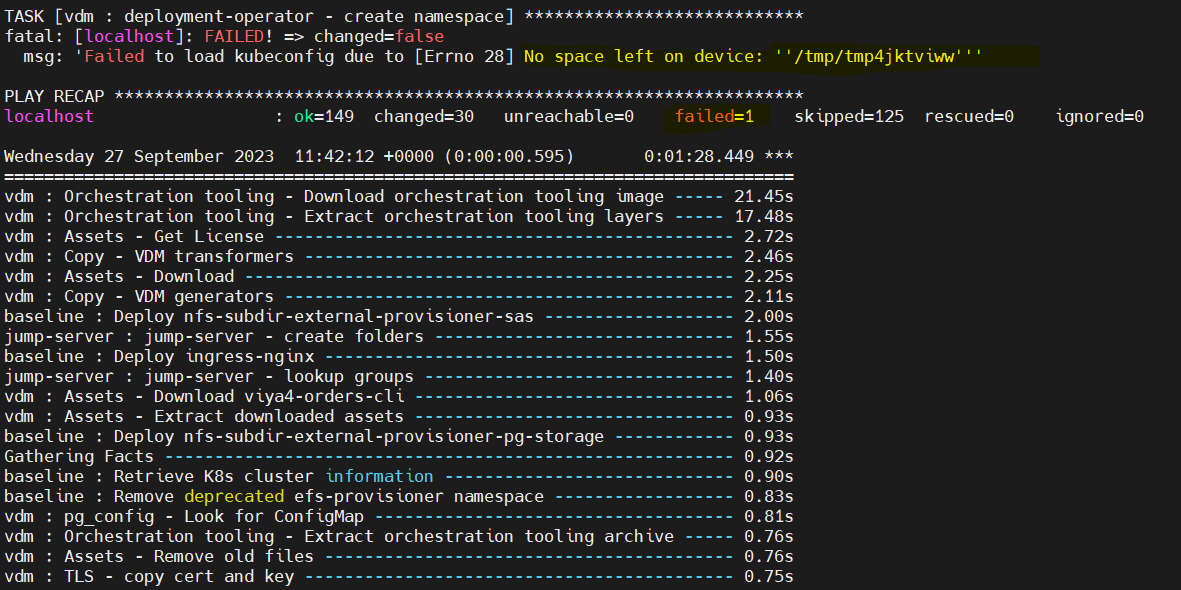Solved: SAS Viya Deployment error "No space left on device: ''/tmp/tmp4jktviww... - SAS Support ...
