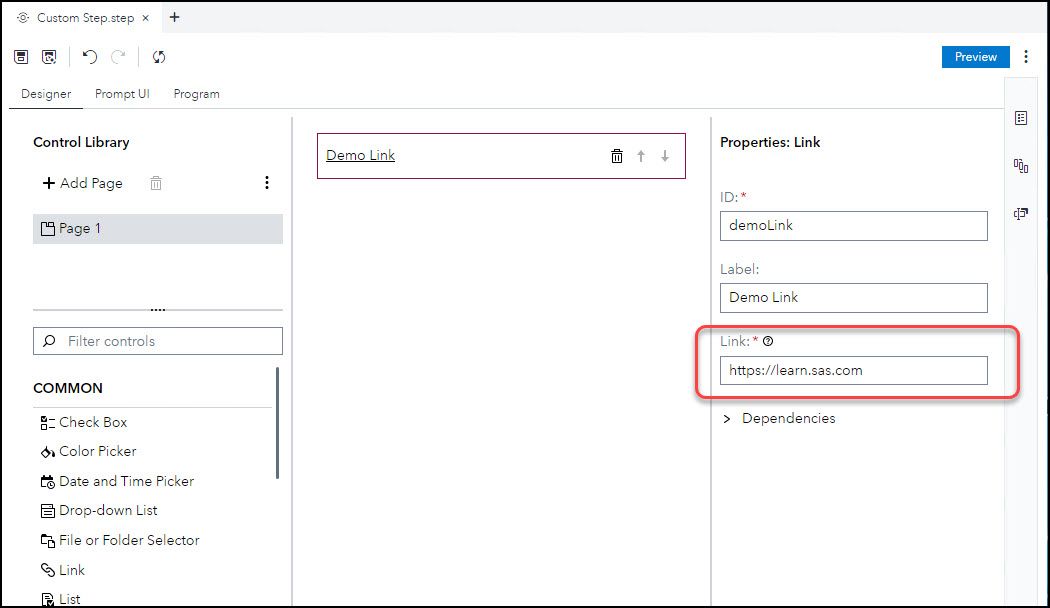SAS Viya: Link Control for Custom Steps